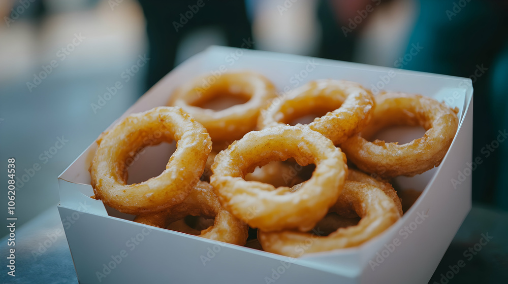 Close-up of golden-brown onion rings stacked in a paper tray ...