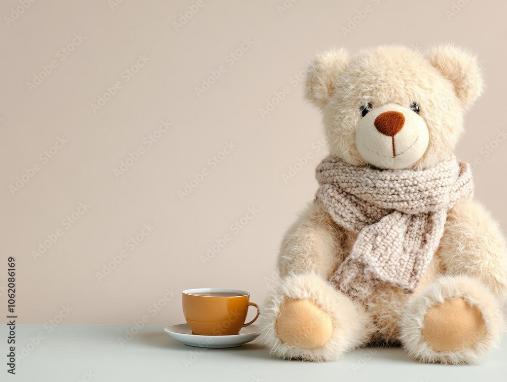 Teddy bear under warm light with scarf and hot tea, looking cozy but ...