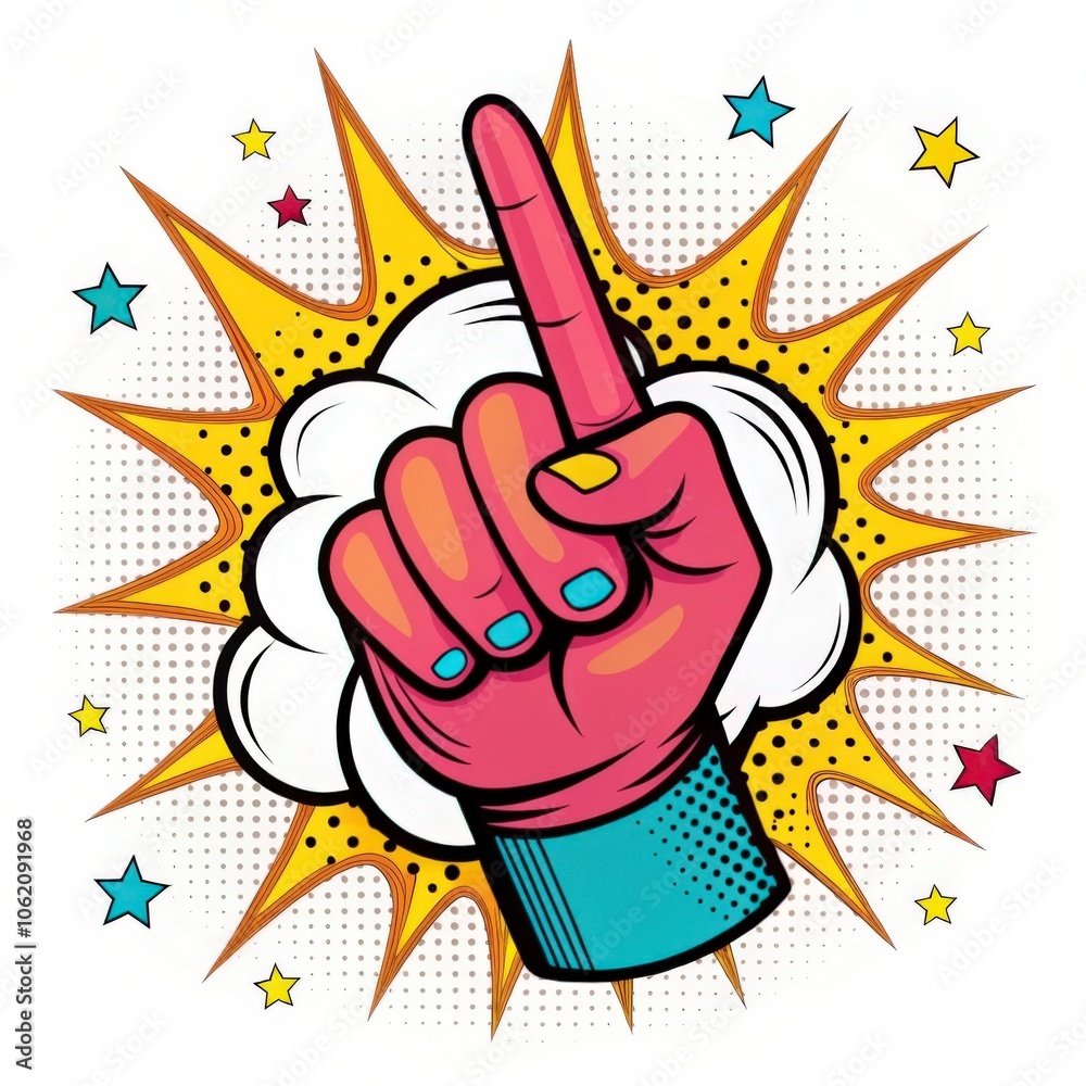 Comic book style hand gesture pointing upwards with index finger and ...