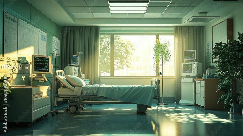 An ultra realistic A neat, unoccupied hospital room featuring a neatly ...