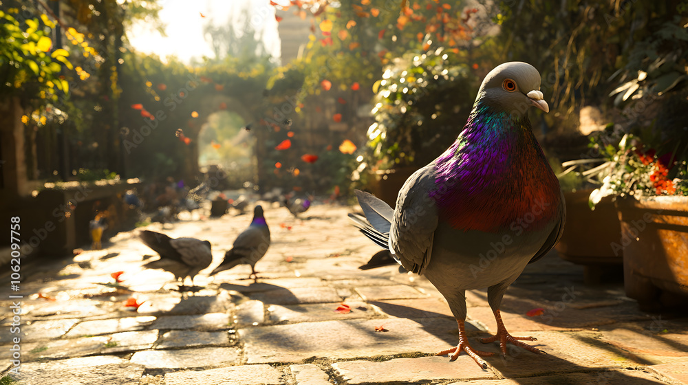 Syrian Dewlap Pigeon in a Lively Sunlit Courtyard Engaging with Its ...
