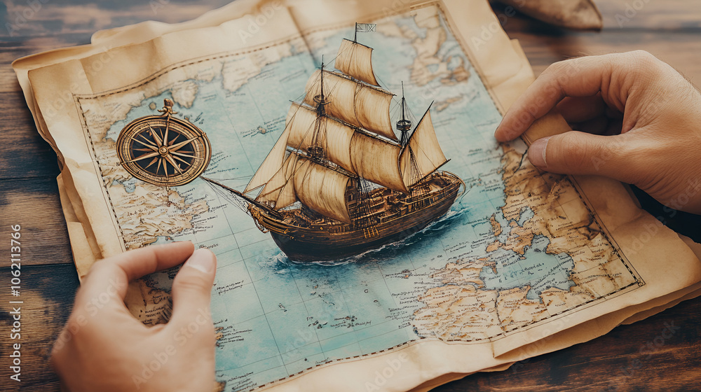 Vintage treasure map featuring a sailing ship and compass held by hands ...