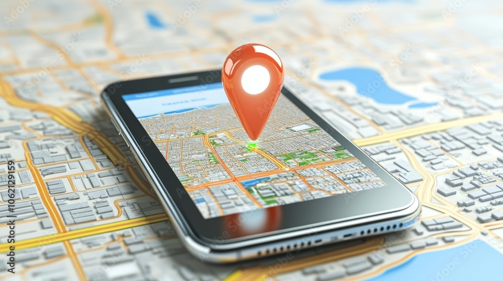 Mobile phone with a bright location pin over a virtual city map ...