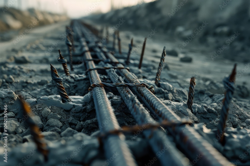 Close-up of iron bars embedded in a gritty landscape, portraying the ...