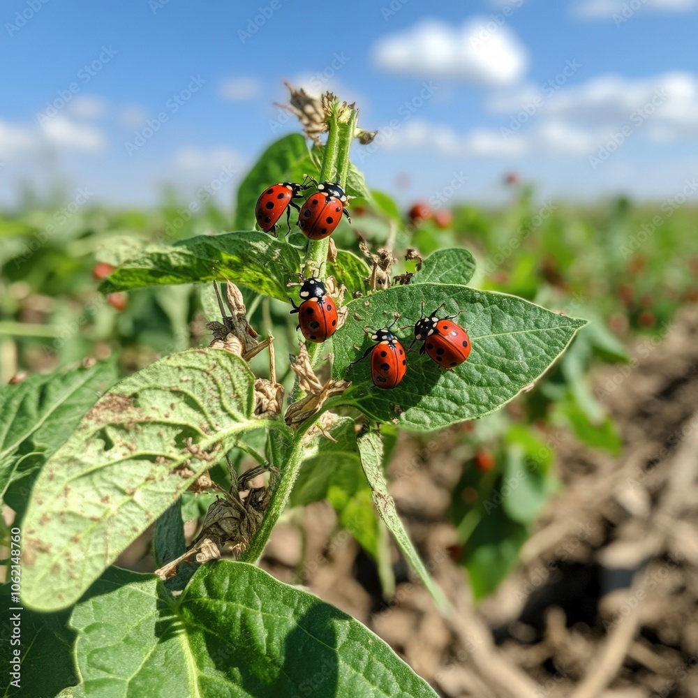 Seven-spot ladybugs are climbing on soybean leaves and stems in a ...