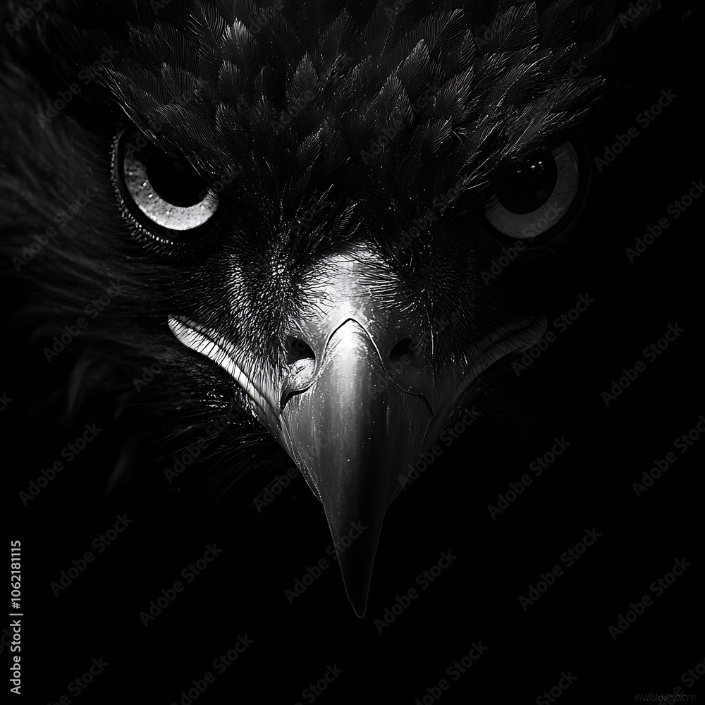 Dark high contrast image of menacing eagle with piercing eyes and sharp ...