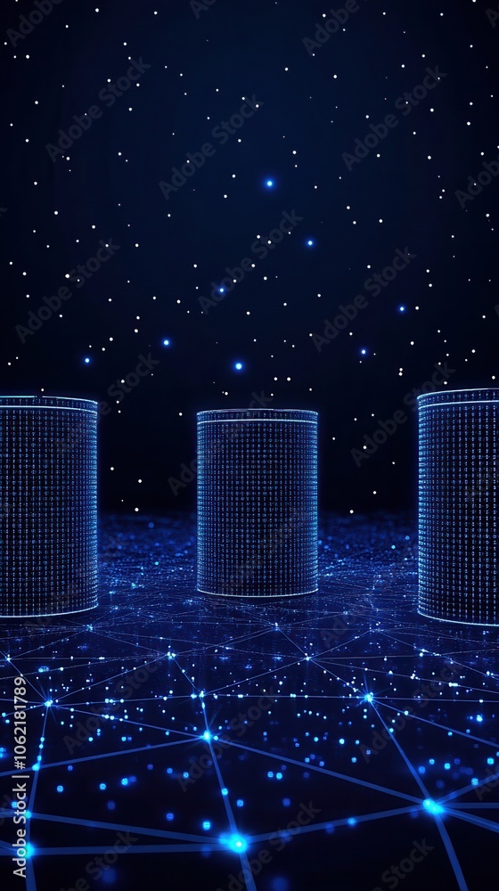 Futuristic data storage concept featuring digital cylinders in a starry ...