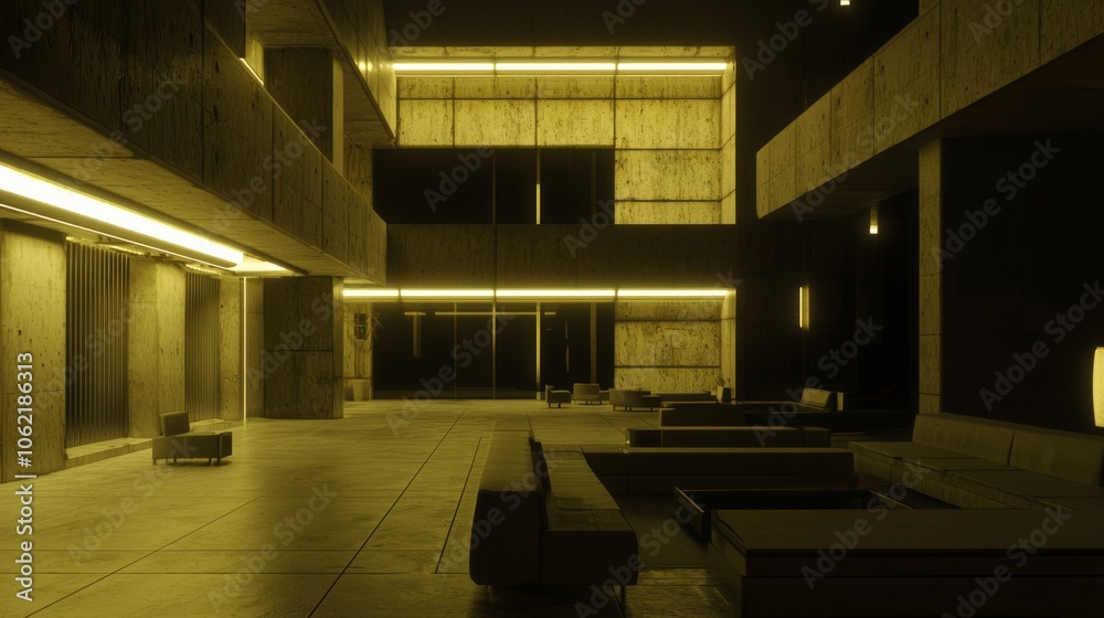 Modern Brutalist Hotel Lobby at Night with Inviting Atmosphere | 3D ...