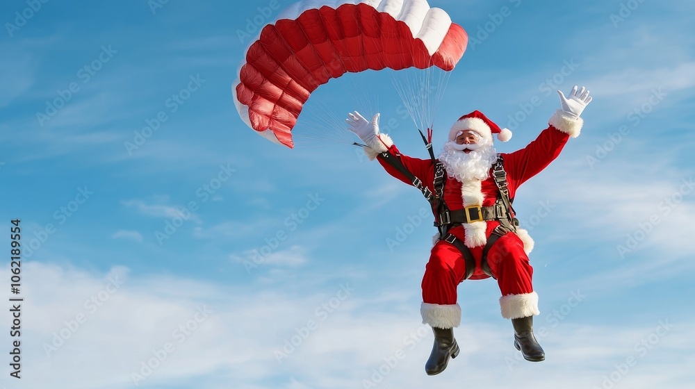 Santa Claus skydiving from a plane with a parachute Stock Photo | Adobe ...