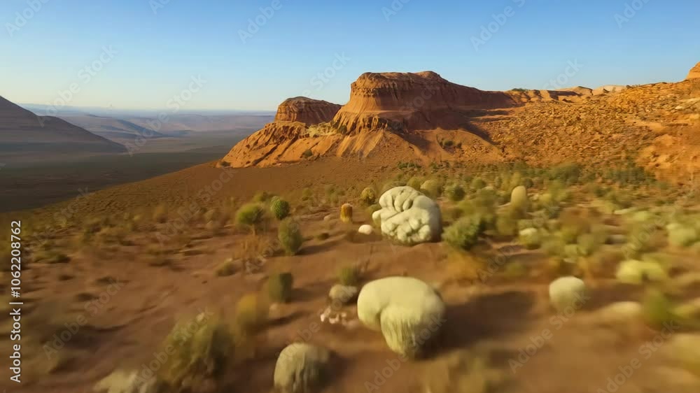 Expansive Desert Landscape with Scattered Cacti and Rocks in the Early ...