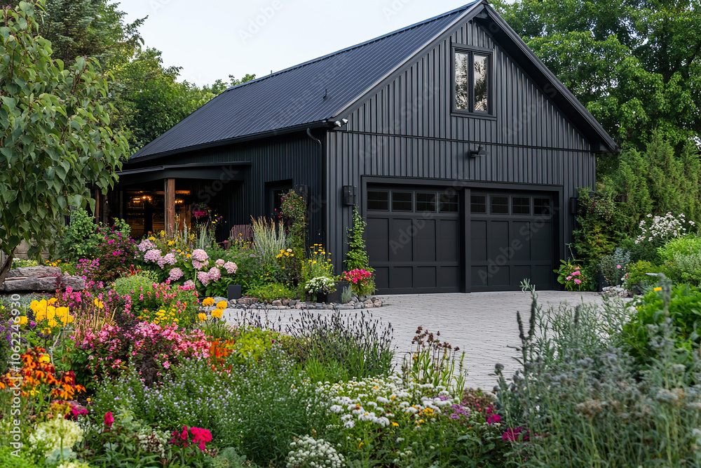 A striking black barn-style house stands proudly in the front yard ...