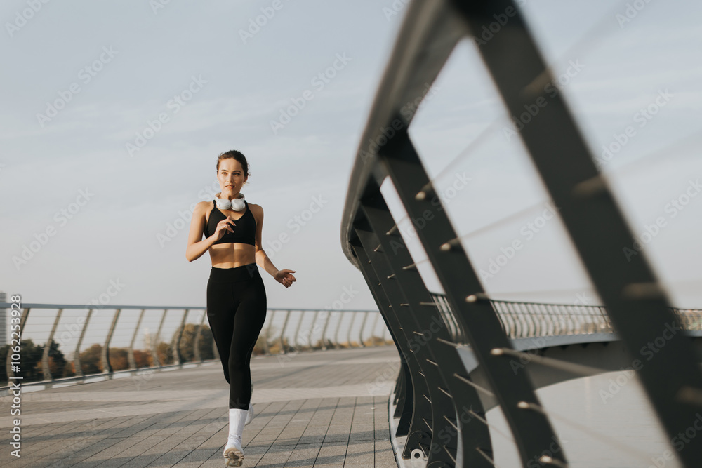 Young woman jogs along a modern urban bridge during an evening workout ...