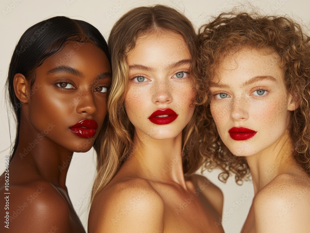 Group portrait of three diverse models with red lipstick - Caucasian ...
