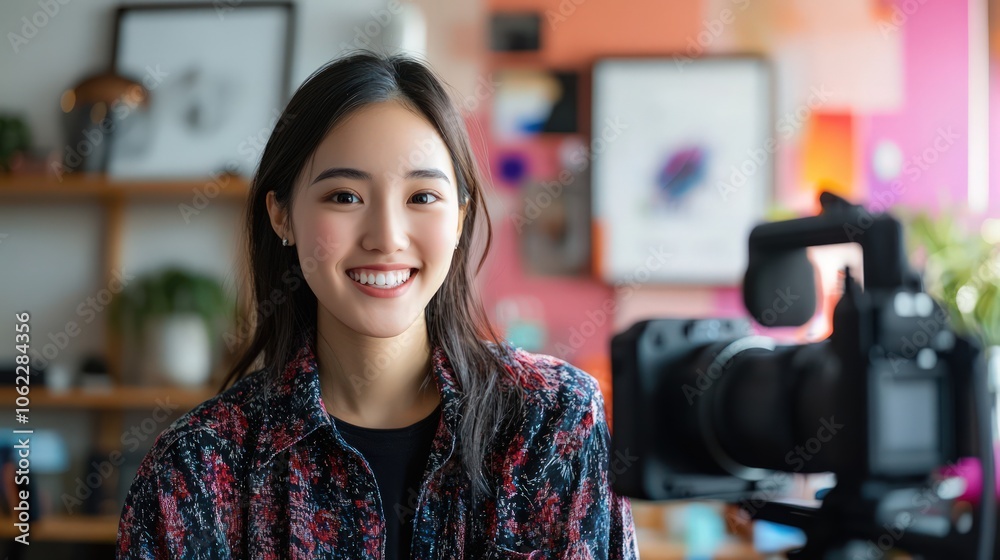 Asia vlogger and retail store owner smiling, live selling on IG/TikTok ...