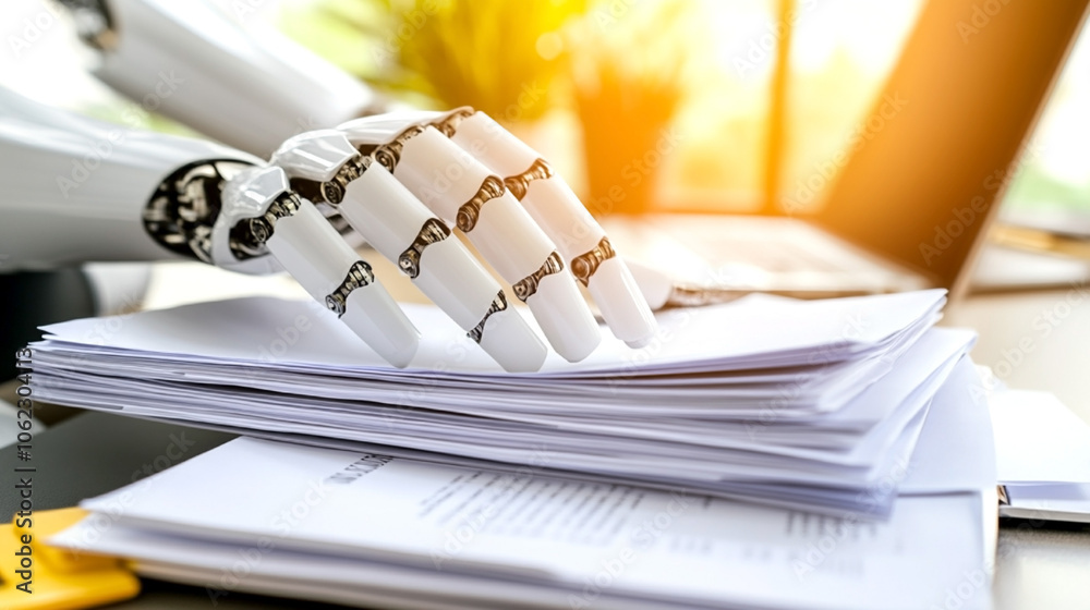Robotic hand handling a stack of documents in an office setting ...