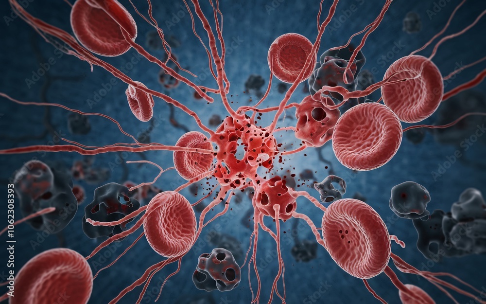 The immune system A microscopic view of blood cells with a central cell ...