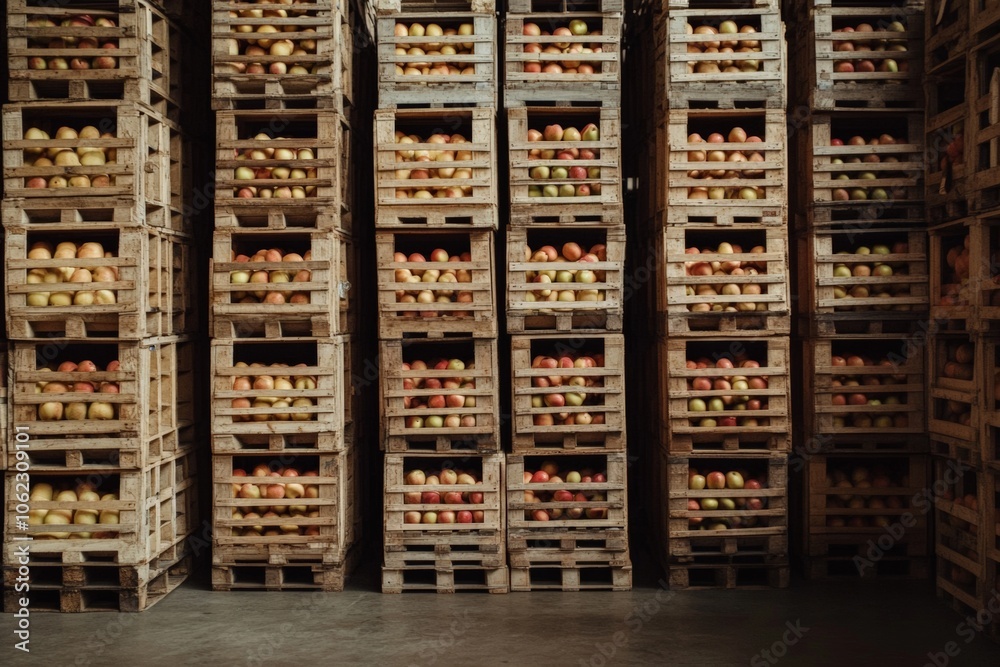 Crates of freshly harvested apples stacked in a warehouse storage area ...