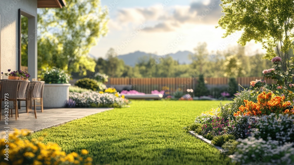 Beautiful home exterior with green grass and flower garden near the ...
