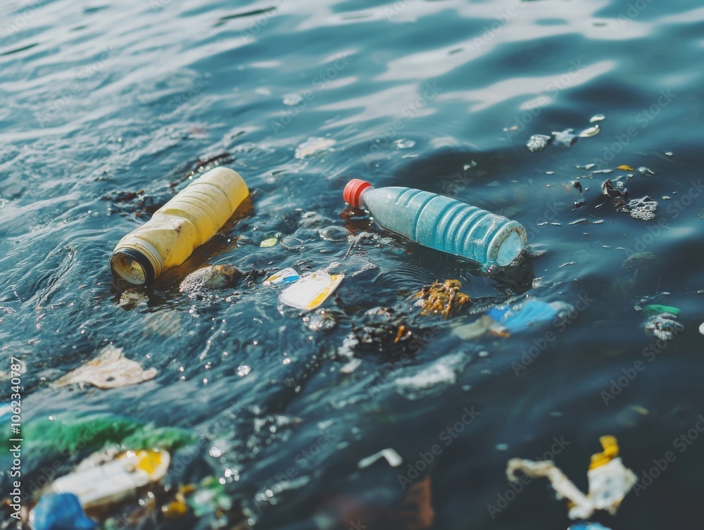 The image shows pollution of a water body with floating plastic bottles ...