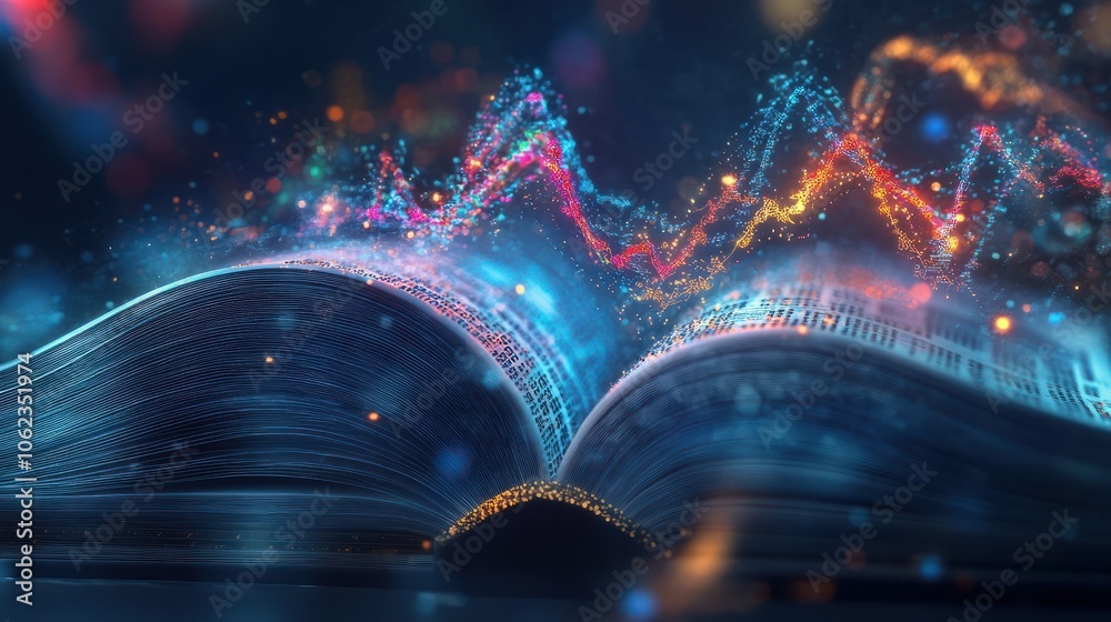 Digital 3D model of data charts and graphs emerging from an open book ...