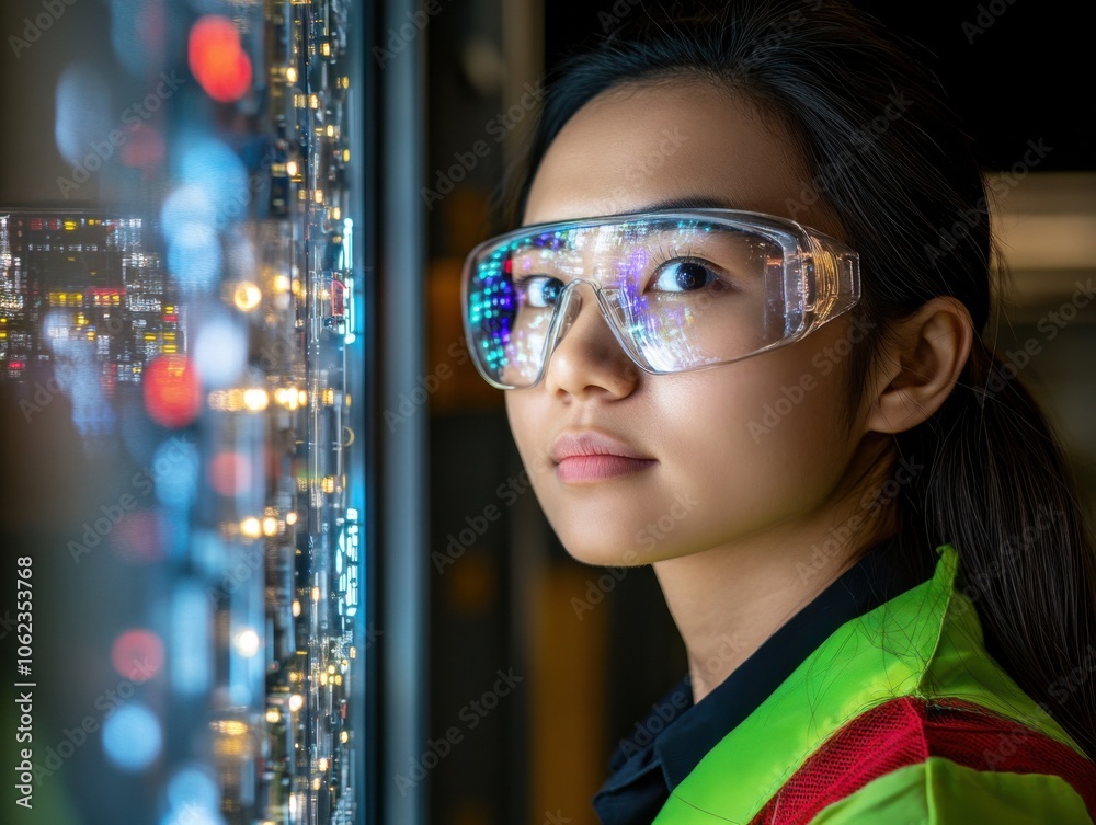 An engineer wearing AR glasses closely monitors a digital interface ...