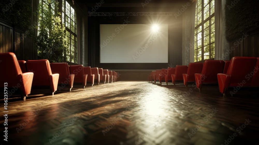 An empty theater room with rows of red seats illuminated by sunlight ...