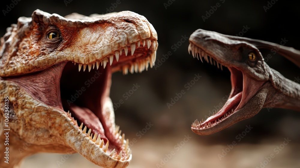 Photo & Art Print Two fierce dinosaurs face off with mouths open ...
