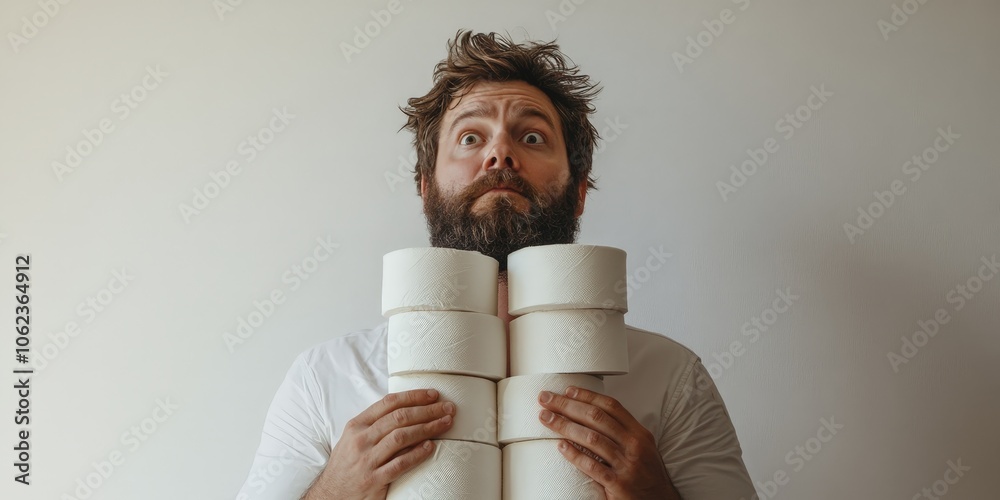 Young man hoarding toilet paper rolls during a global crisis, funny and ...