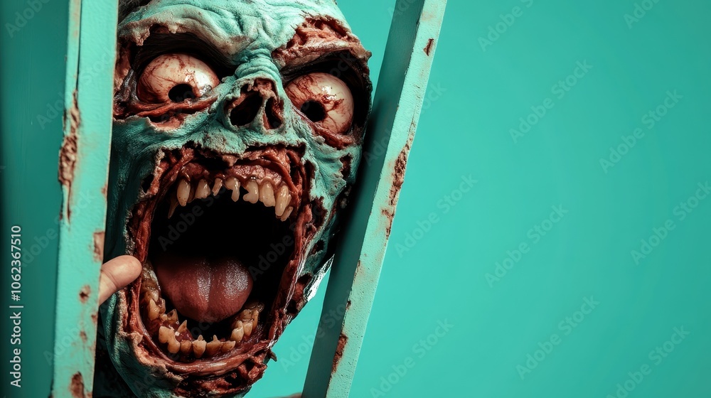 A horrifying zombie face emerges through a broken wooden door frame ...