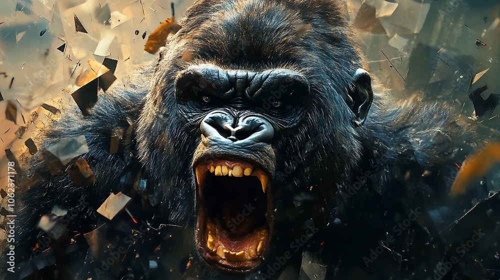 A close-up portrait of a ferocious gorilla roaring with its mouth open ...