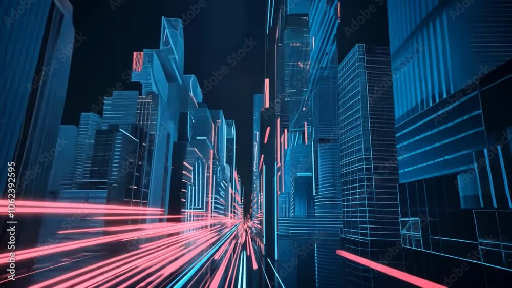 Abstract blue city 3D skyscraper building with red light effect 4K ...