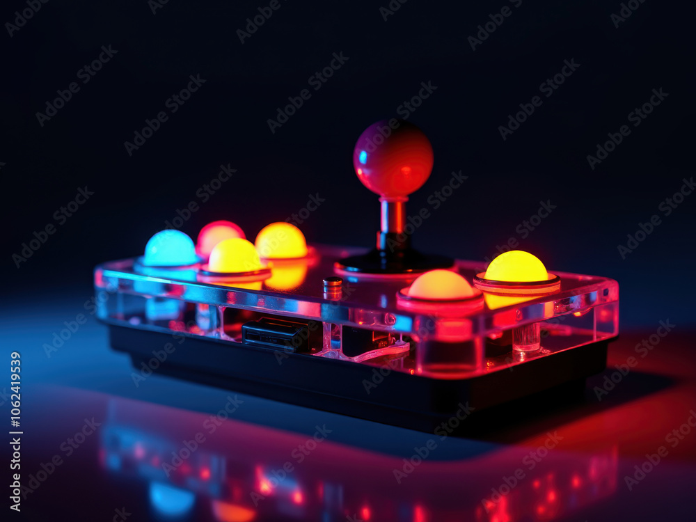 A retro gaming joystick featuring vibrant glowing LED buttons in a dark ...