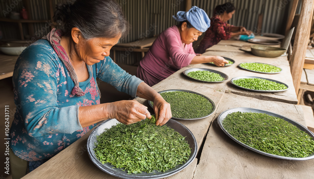Group of older Asian women sorting tea leaves on silver metal plates ...