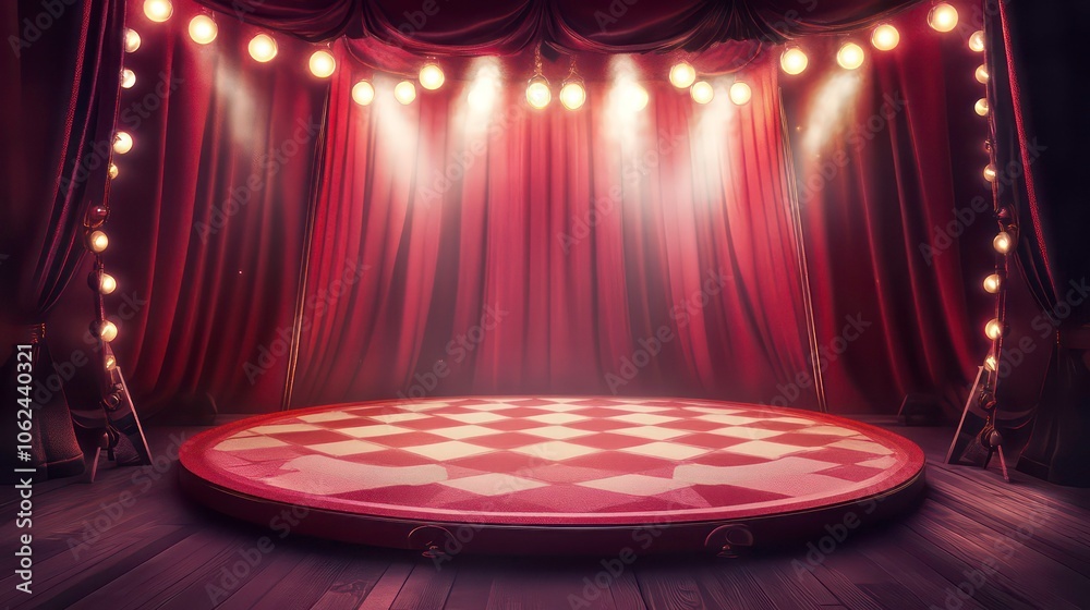 Circus stage podium background 3D carnival light red show curtain ...