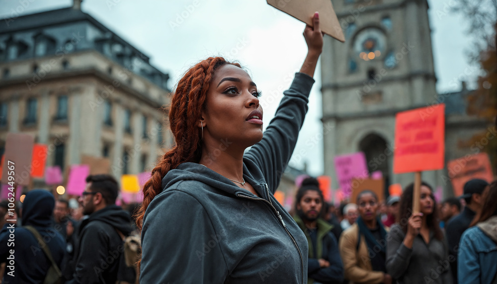 Woman protesting in the street, holding sign. She is African American ...