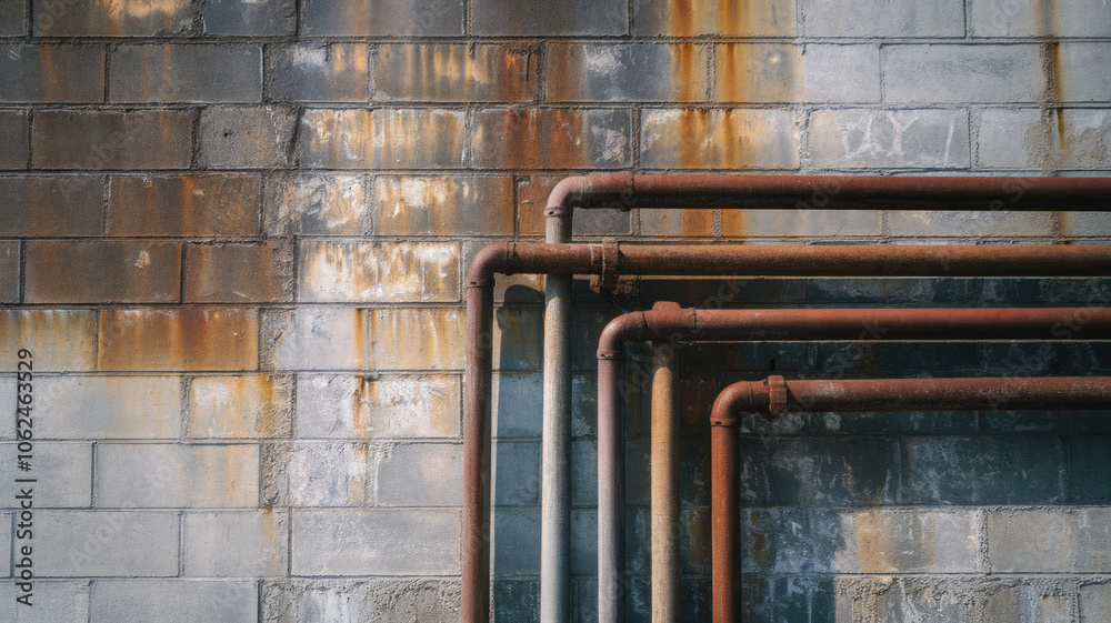 Rusty metal pipes against a weathered concrete wall, showcasing ...