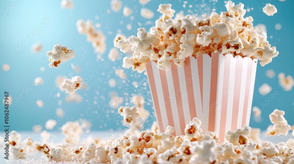 Popcorn scatters artistically from a striped bucket, creating a ...