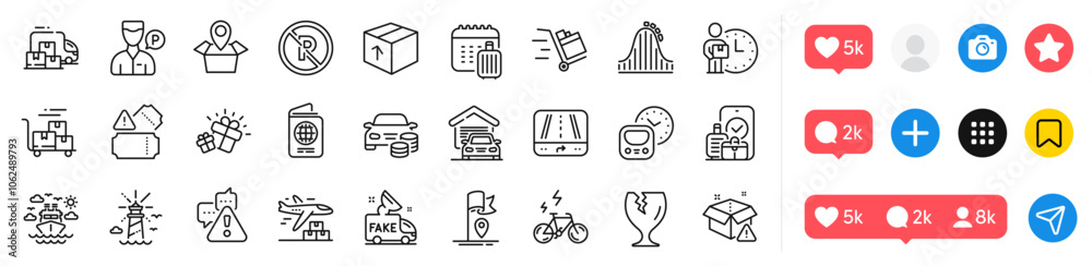 Flag, Garage and Delivery man line icons pack. Social media icons ...