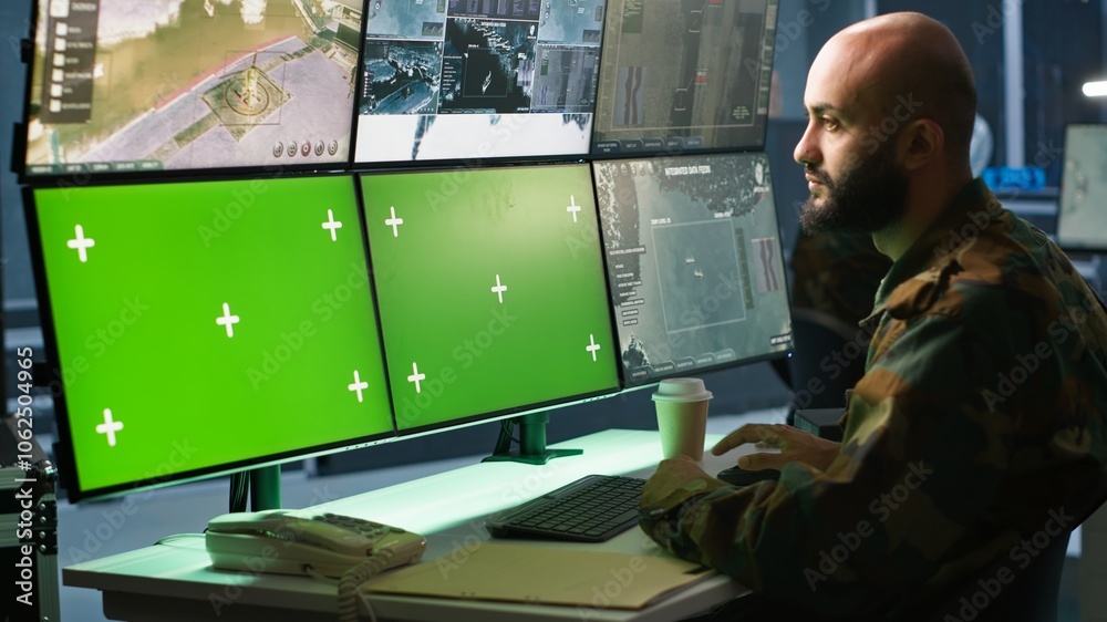 Army specialist working in war room operating surveillance tech, evaluating target data on green ...