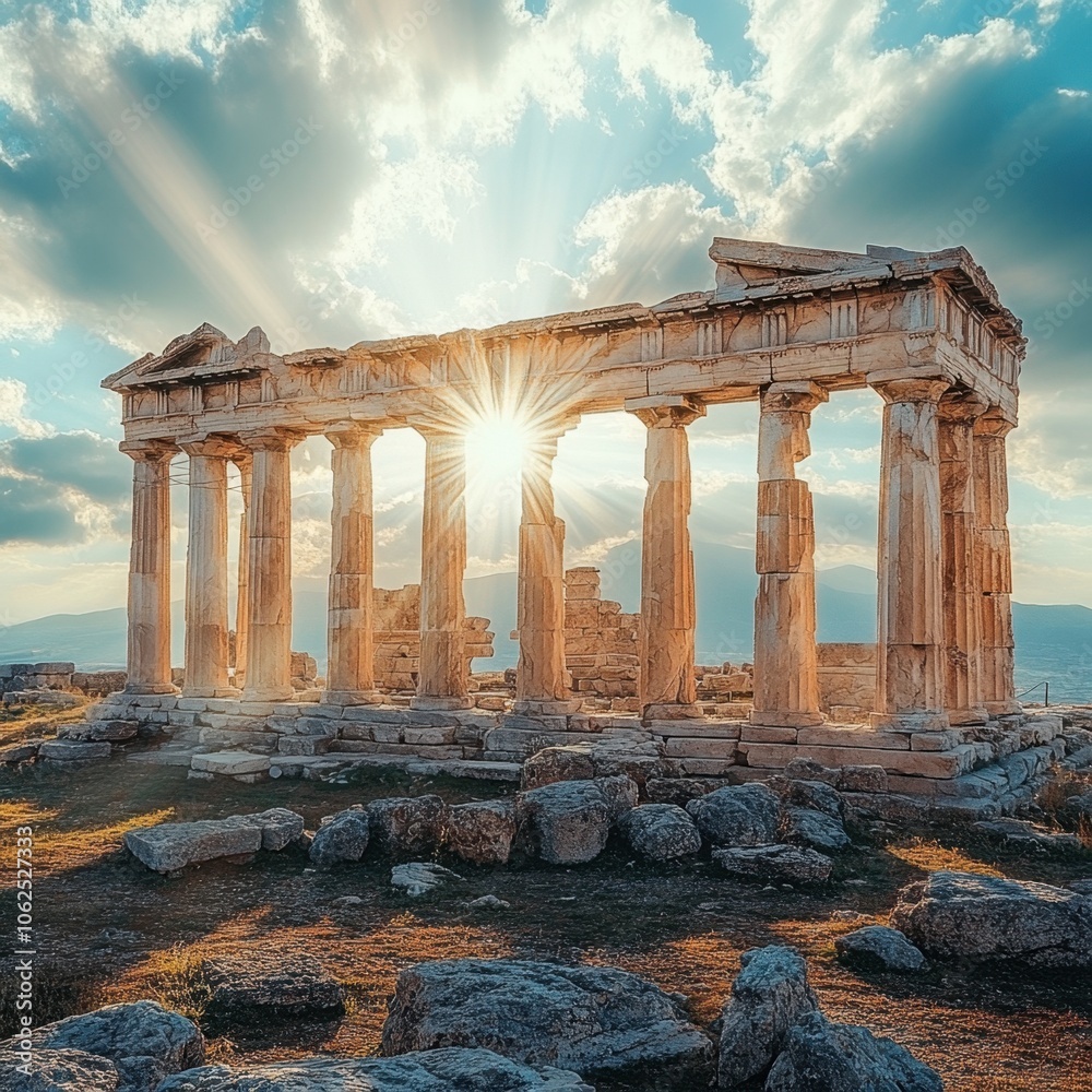Ancient Greek temple ruins with god statue, open landscape, clouds, and ...