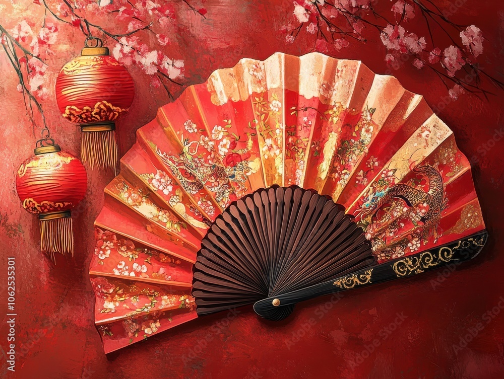 Traditional Chinese fan with dragon and floral designs, paired with red ...