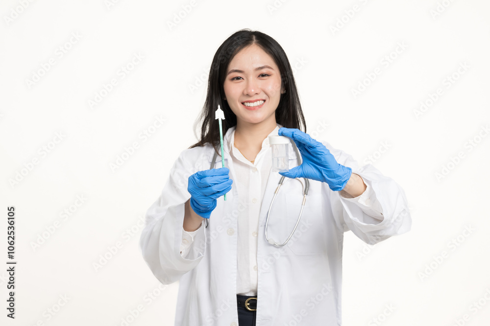 Selective focus doctor hand holding liquid base cytology set isolated ...