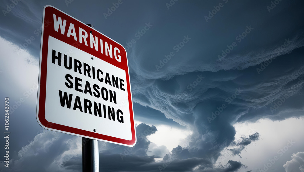 warning sign indicating hurricane season with dark storm clouds in ...
