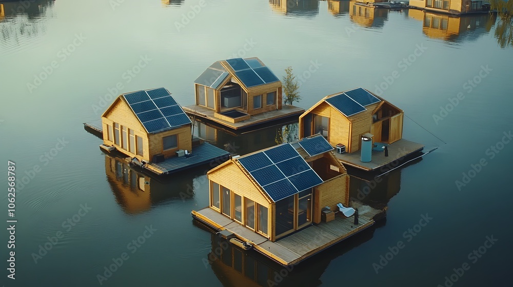 Drone photography of a floating eco-village on a serene lake, with ...