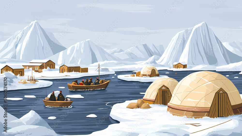 Inuit fishing village: scene of an inuit fishing village, with ...