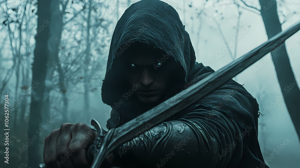Hooded elf assassin poised to strike with deadly dagger in misty forest ...
