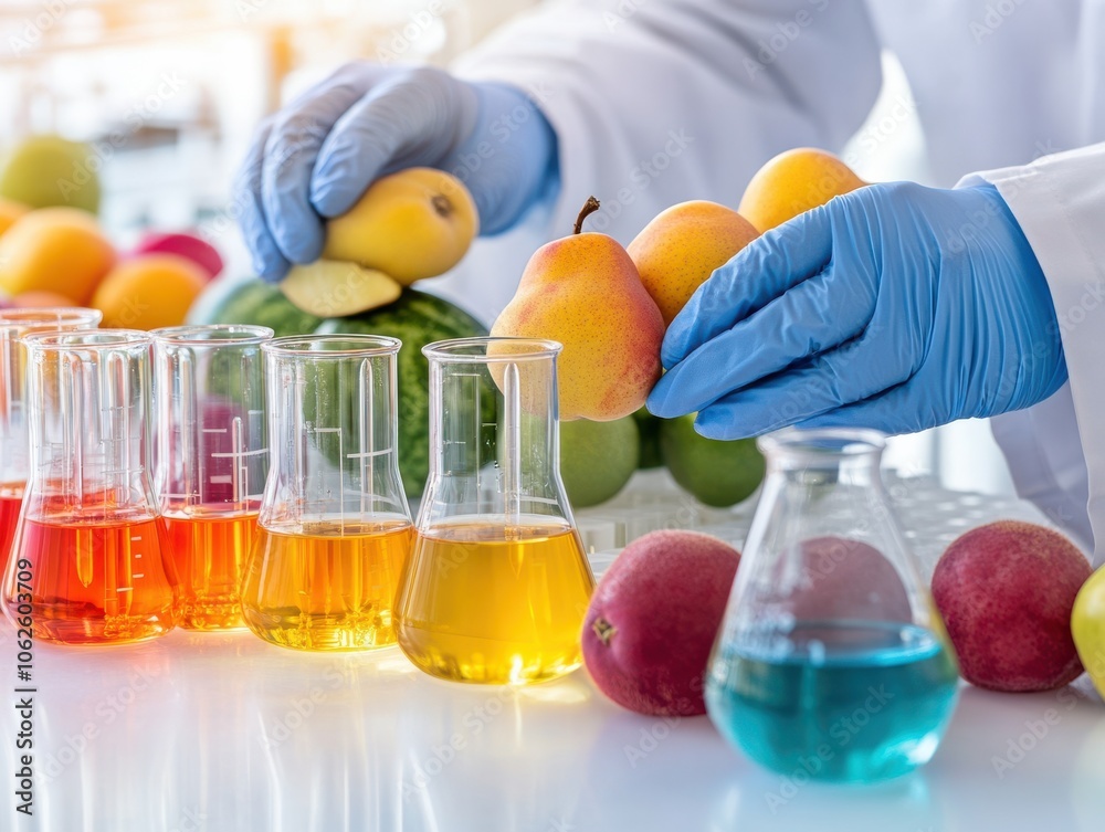 A scientist conducts experiments with colorful liquids and fresh fruits ...