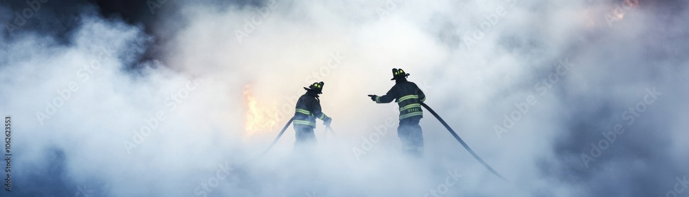 Two firefighters battling flames amidst thick smoke, showcasing bravery ...