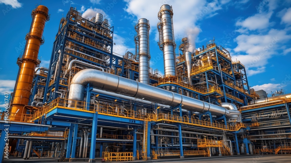 Large-Scale Oil Refinery with Towers and Pipes. Comprehensive view of ...