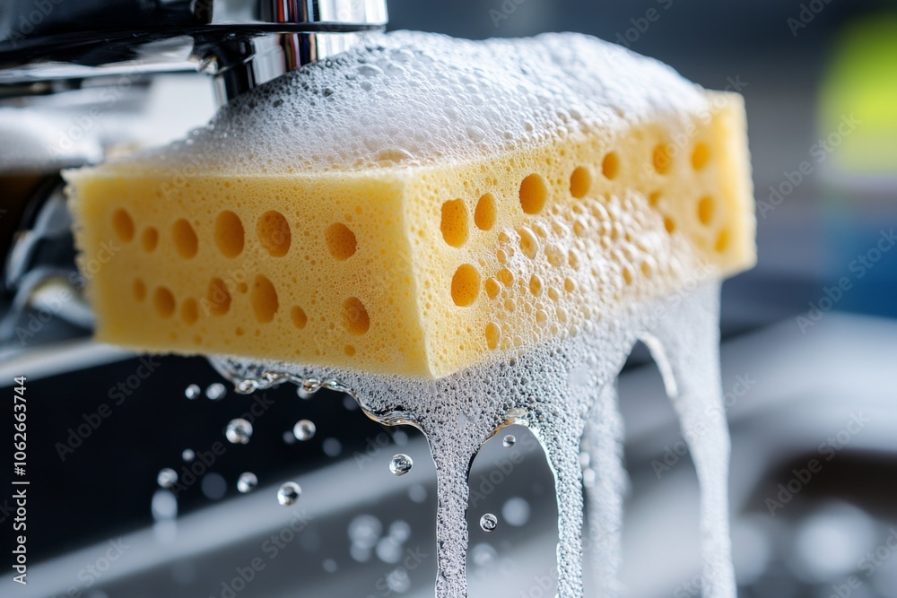 Sponge filled with soapy water being squeezed in a sink, capturing the ...